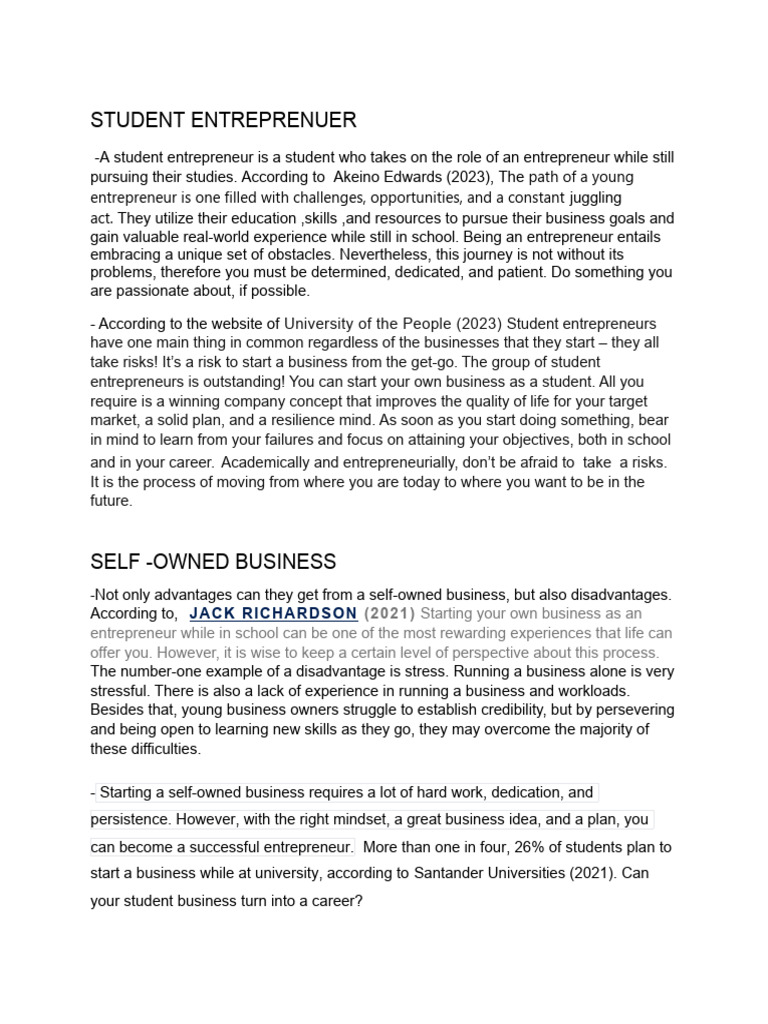 Student Entrepreneurs: Balancing Business and Studies | PDF ...