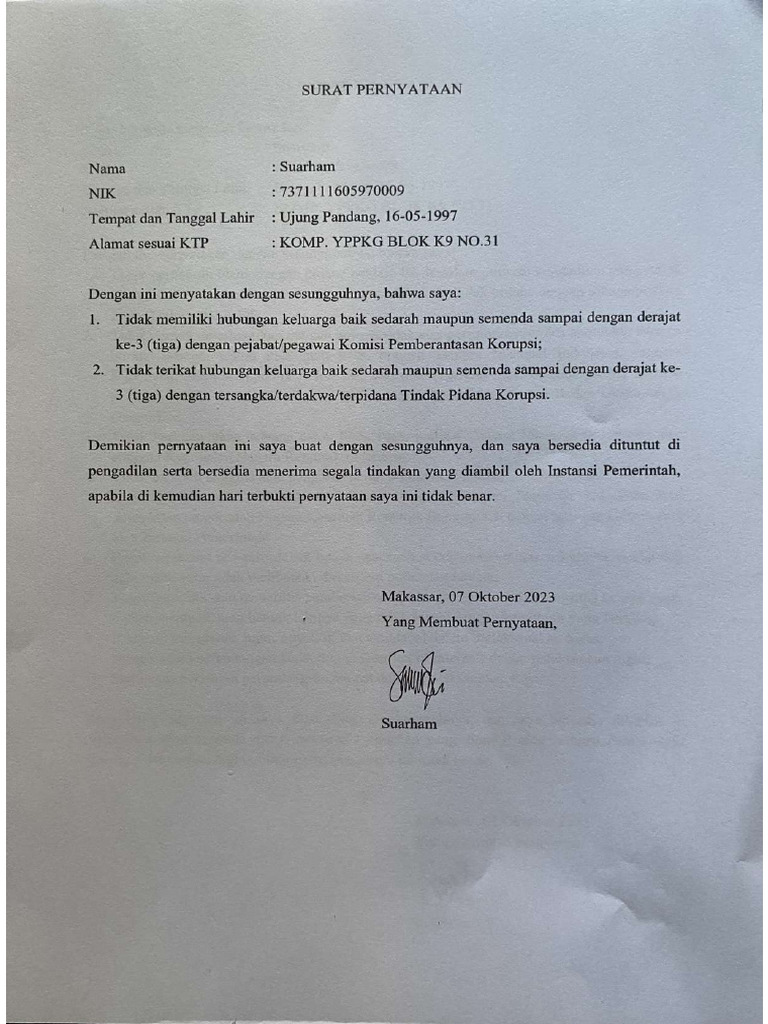 Surat Pernyataan Tidak Memiliki Hubungan Keluarga | PDF Surat Pernyataan Tidak Memiliki Hubungan Keluarga | PDF