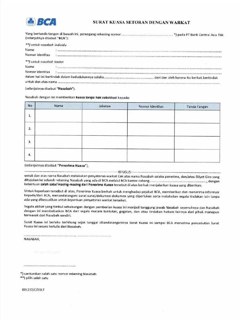 Contoh Surat Kuasa BCA untuk Setoran | PDF