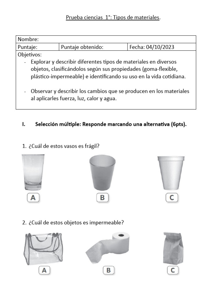 Prueba de Materiales 1° Básico | PDF