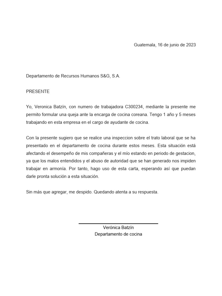 Modelo Carta de Queja Laboral | PDF