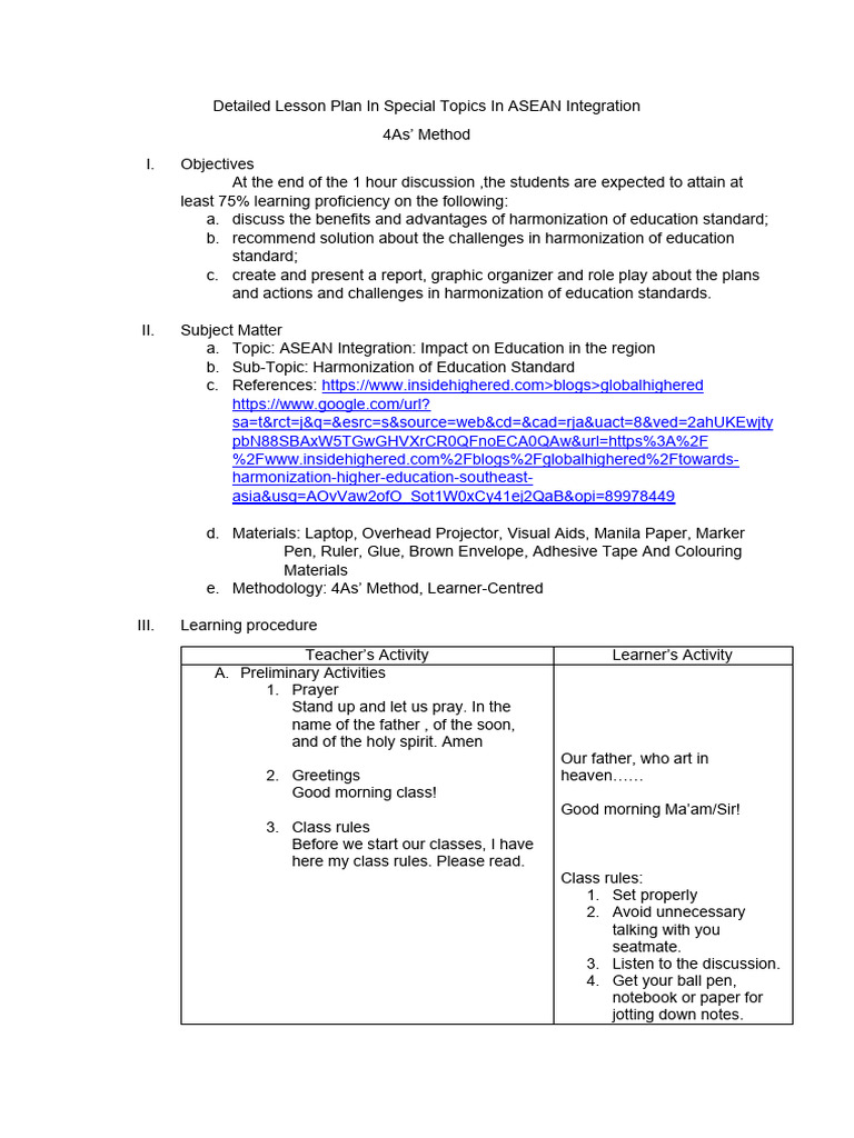 ASEAN Education Harmonization Lesson Plan | PDF
