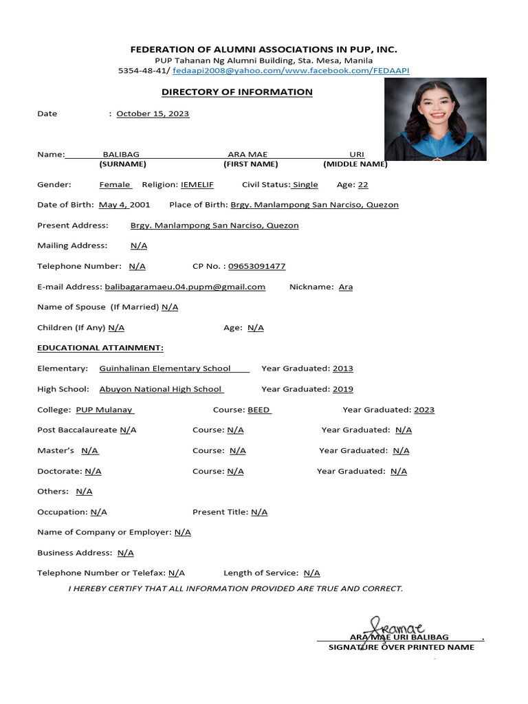 Balibag, Ara Mae Fed Directory of Info | PDF