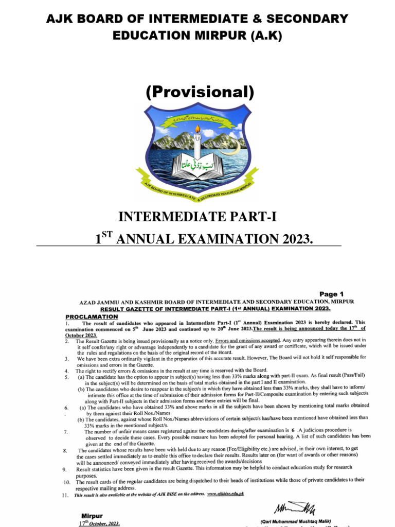 Ajkbise 11th Class Result 2023 Gazette | PDF