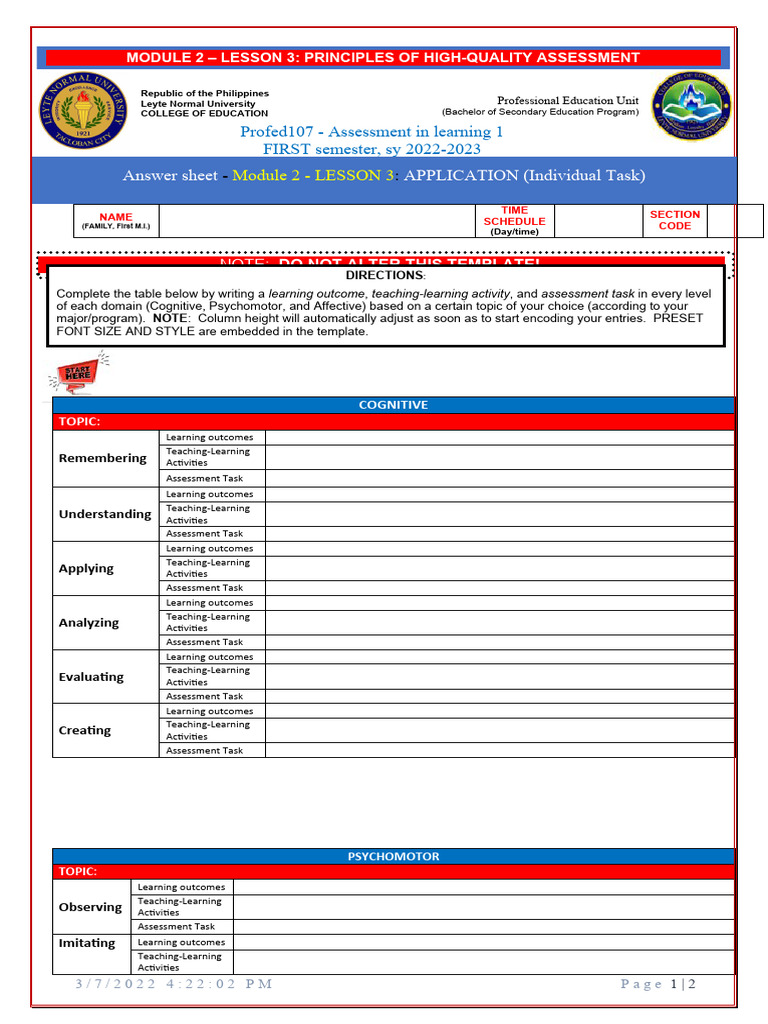 ANSWER SHEET - MODULE 2 - LESSON 3 - APPLICATION (INDIVIDUAL) | PDF | Learning | Mental Processes
