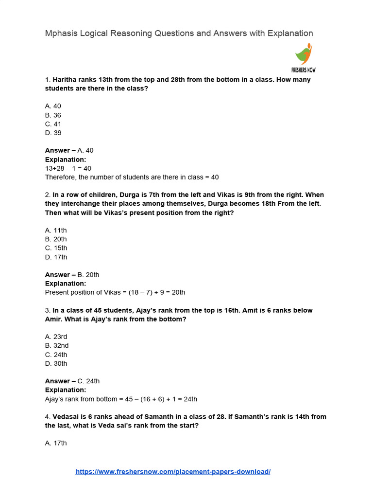 Mphasis Logical Reasoning Questions and Answers | PDF Mphasis Logical Reasoning Questions and Answers | PDF