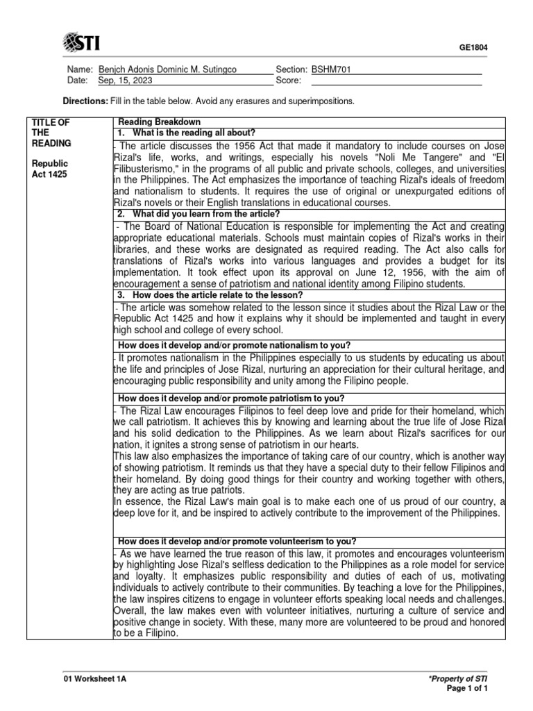 01 - Worksheet - 1A RIZAL | PDF