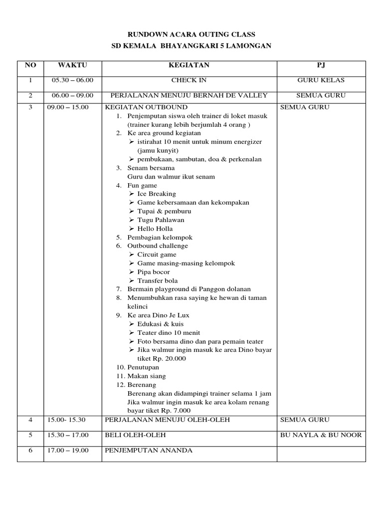 RUNDOWN ACARA OUTING CLASS | PDF