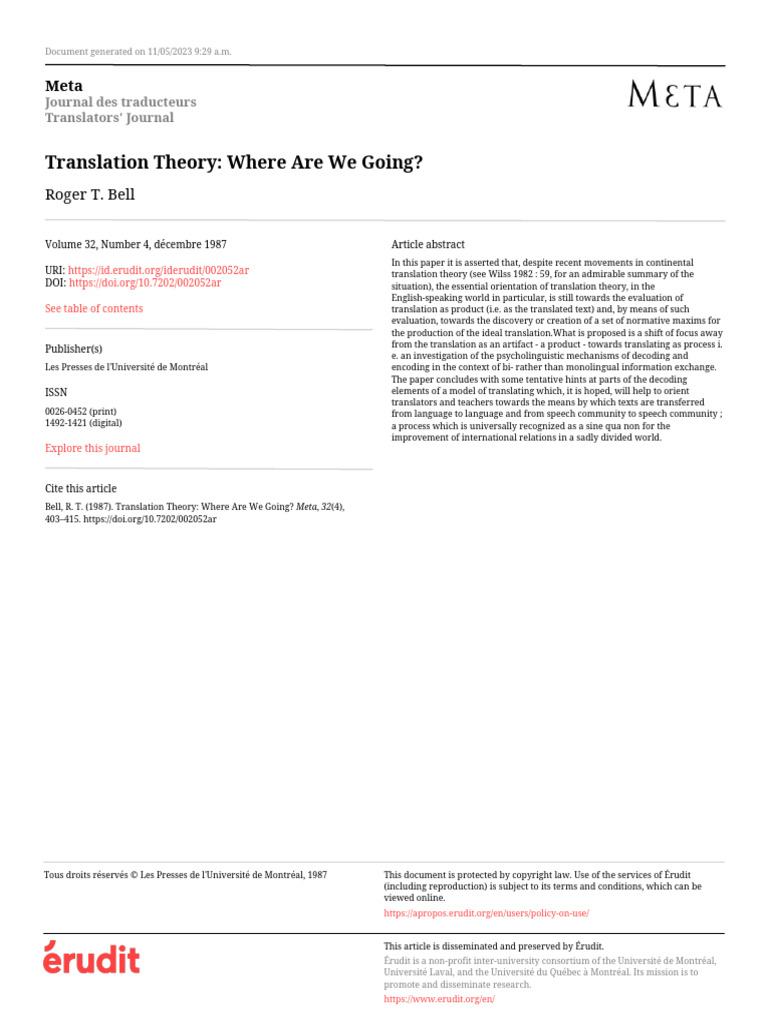 Translation Theory: Where Are We Going?: Roger T. Bell | PDF ...