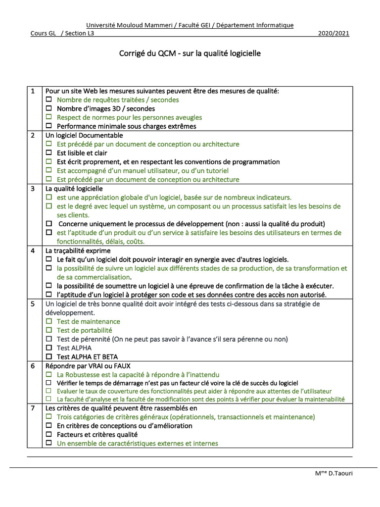 Corrigé QCM sur la qualité logicielle | PDF | Logiciel | Qualité logicielle