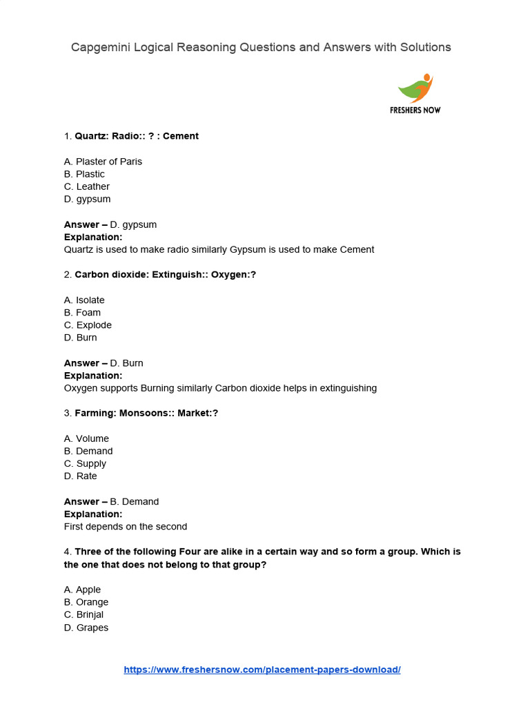 Capgemini Logical Reasoning Questions and Answers | PDF