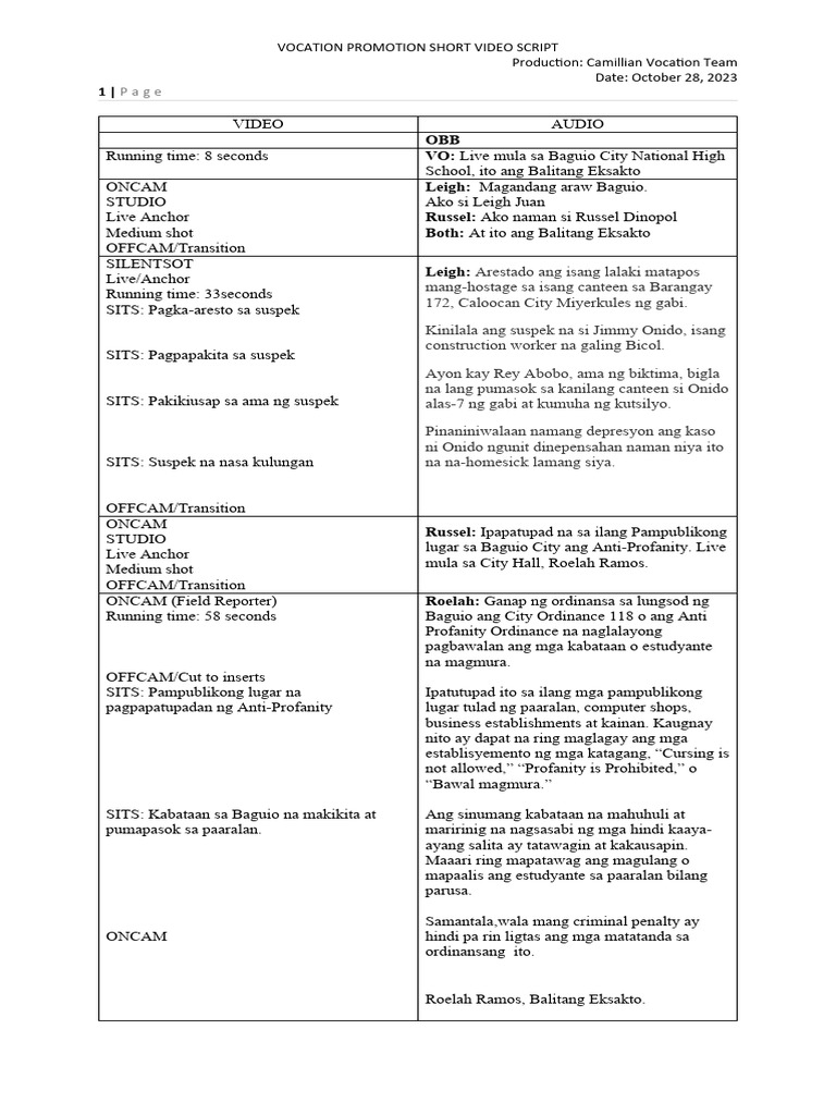 Vocation Promotion Script | PDF