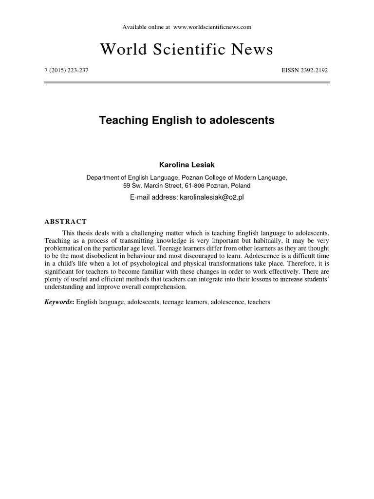 Teaching English To Adolescents | Download Free PDF | Learning | Adolescence