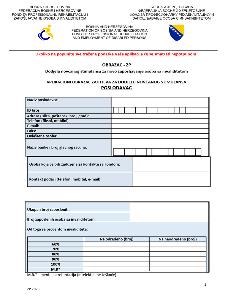 Aplikacioni Obrazac STIMULANS POSLODAVCI ZP AUGUST 2023 | PDF