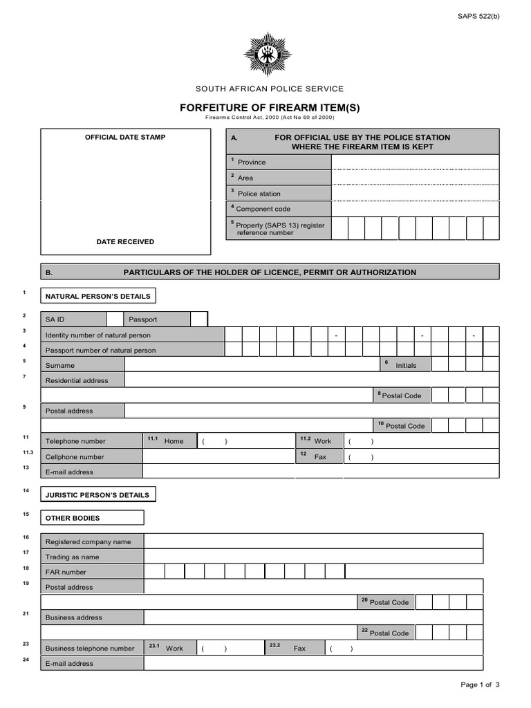Forfeiture of Firearm Item (S) : For Official Use by The Police Station ...