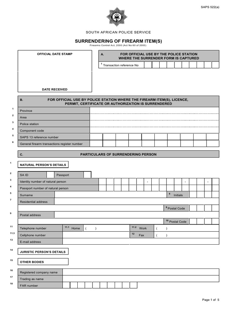 Surrendering of Firearm Item (S) : For Official Use by The Police ...