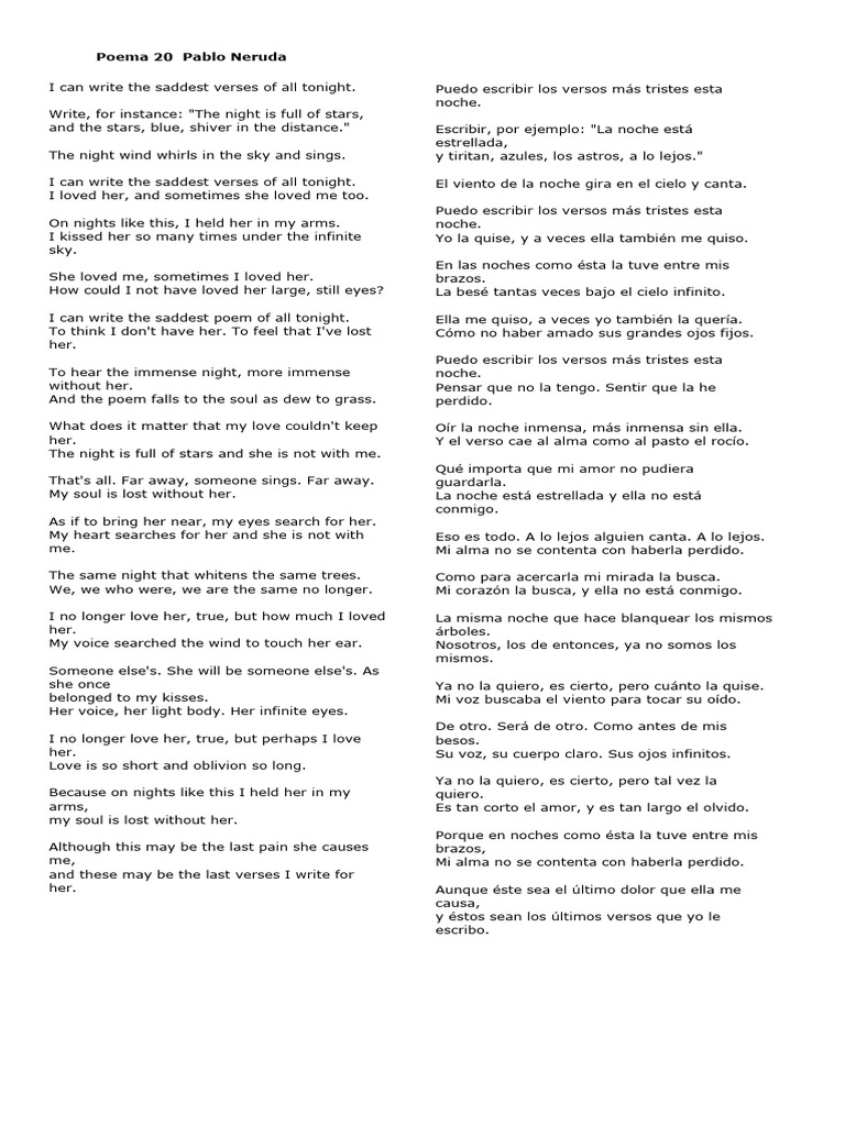 Poema 20 de Neruda: Amor y Pérdida | PDF