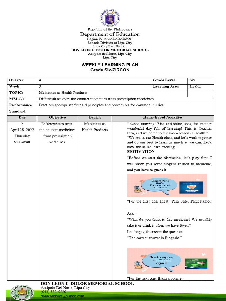COT 2 HEALTH 6 - LESSON PLAN-port | PDF | Over The Counter Drug ...