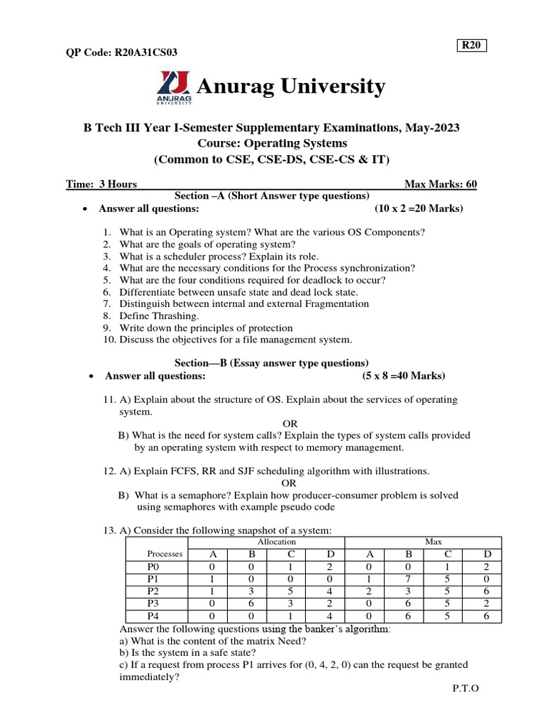 Operating Systems Cse Ds Cs It Iii Ir20 May 2023 Pdf Computer Data Computer Science 