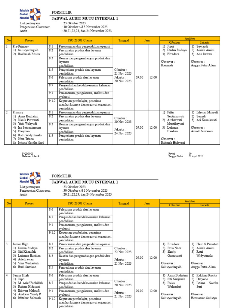 F-QMR-21. Jadwal Internal Audit-1 T.A 2023-2024 (1) | PDF