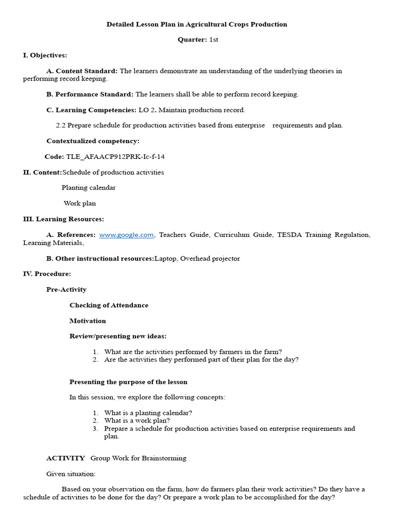 Grade 7 Crop Production Lesson Plan | PDF | Lesson Plan | Learning