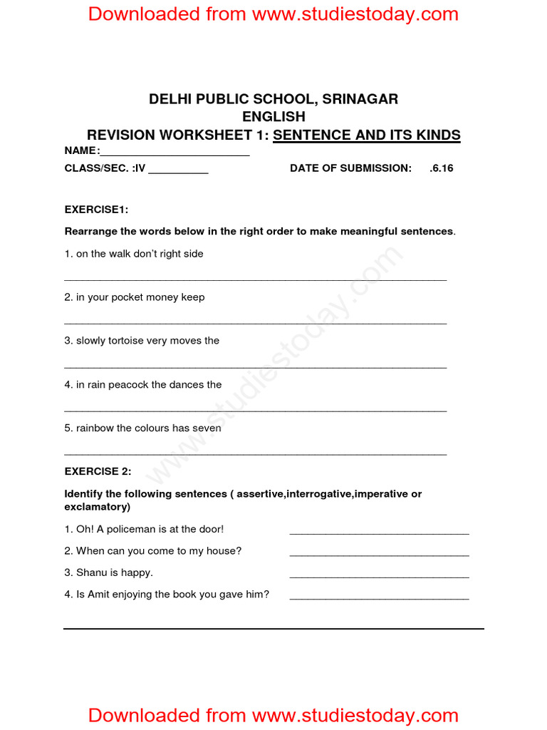 Sentence Types Worksheet Class IV | PDF