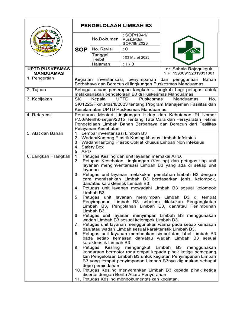 1.4.3 Sop Pengelolaan Limbah B3 | PDF