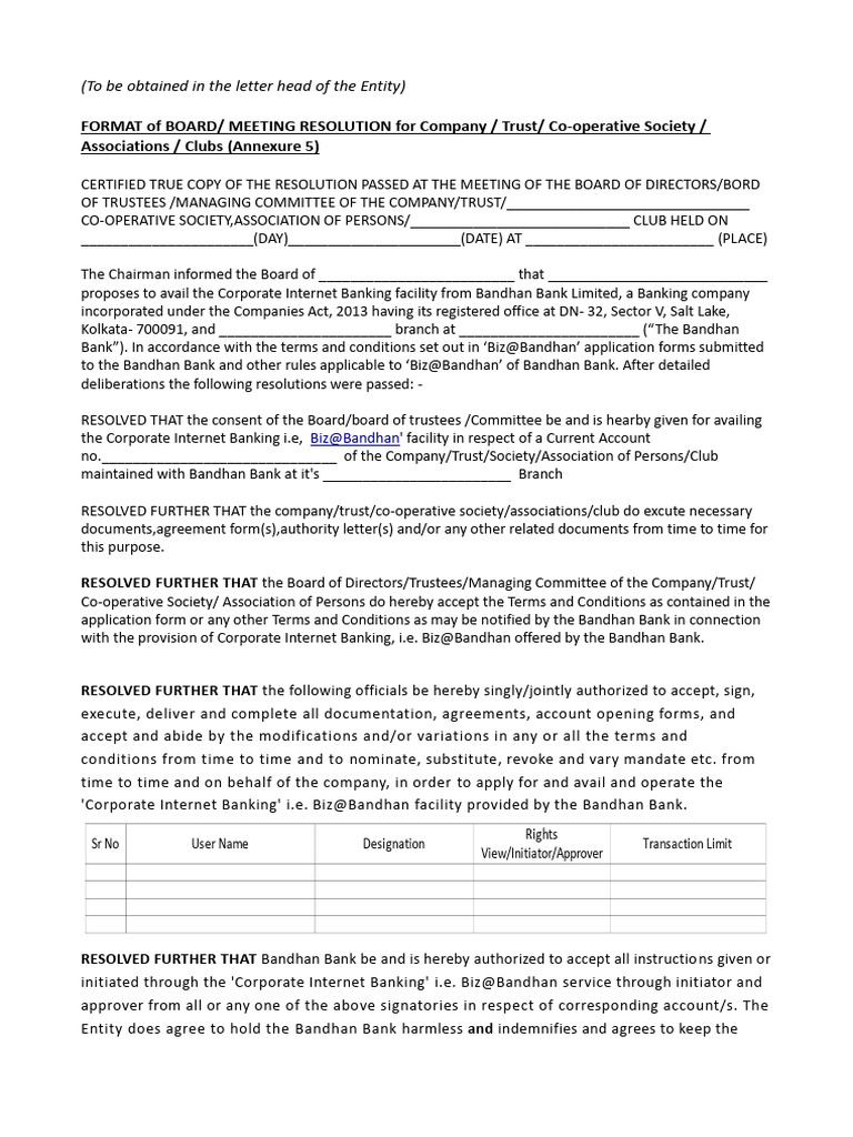 Board Resolution for Bandhan Bank Access | PDF | Trust Law | Board Of ...