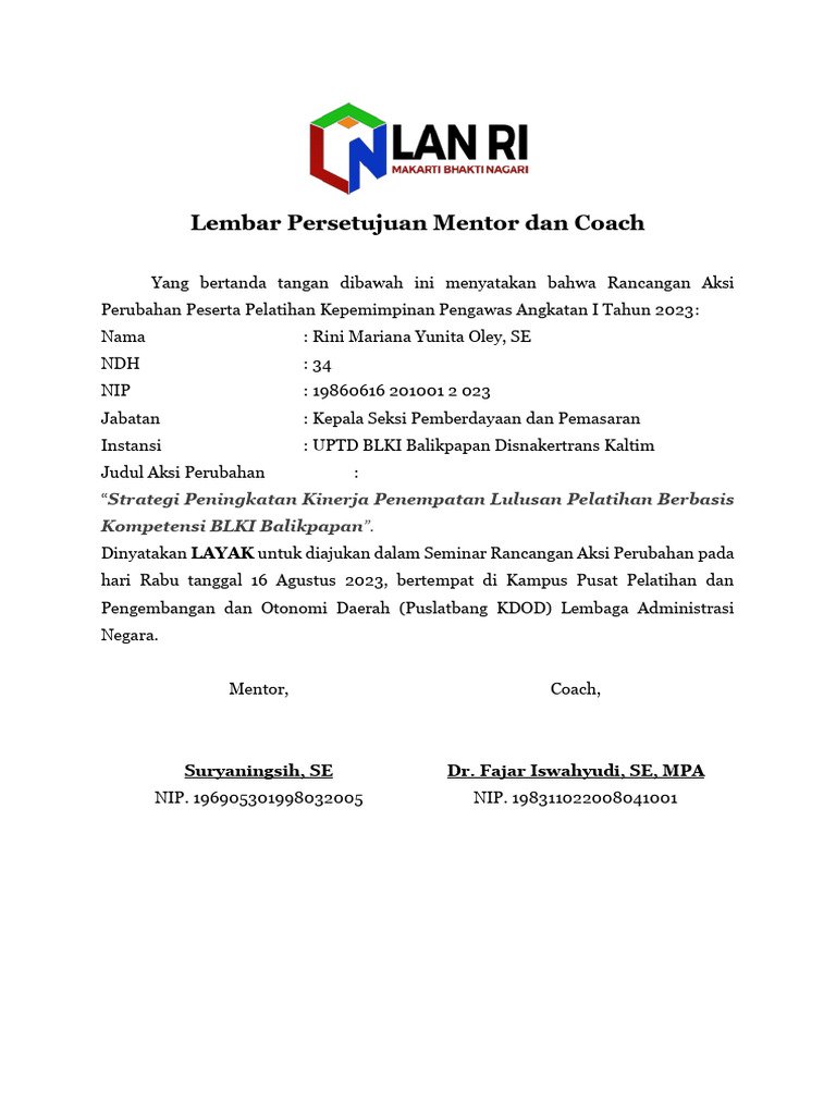 Lembar Persetujuan Mentor Dan Coach | PDF