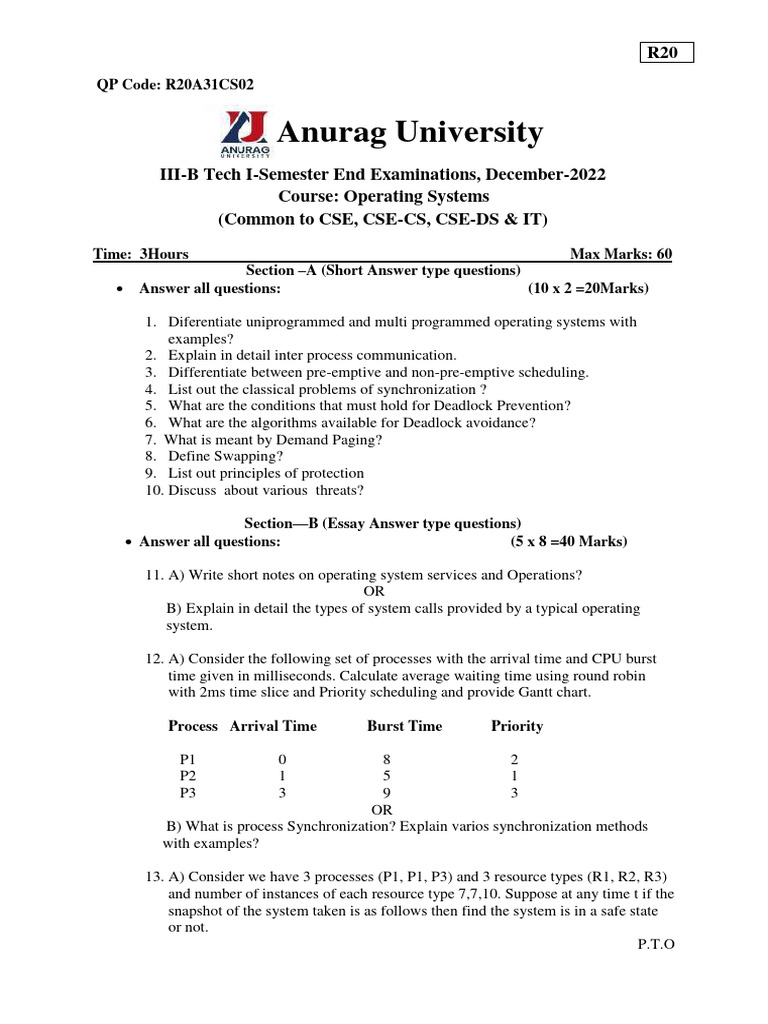 Operating Systems - CSE, CSE-CS, CSE-DS & IT - III-I - R20 - Dec-2022 | PDF | Scheduling ...