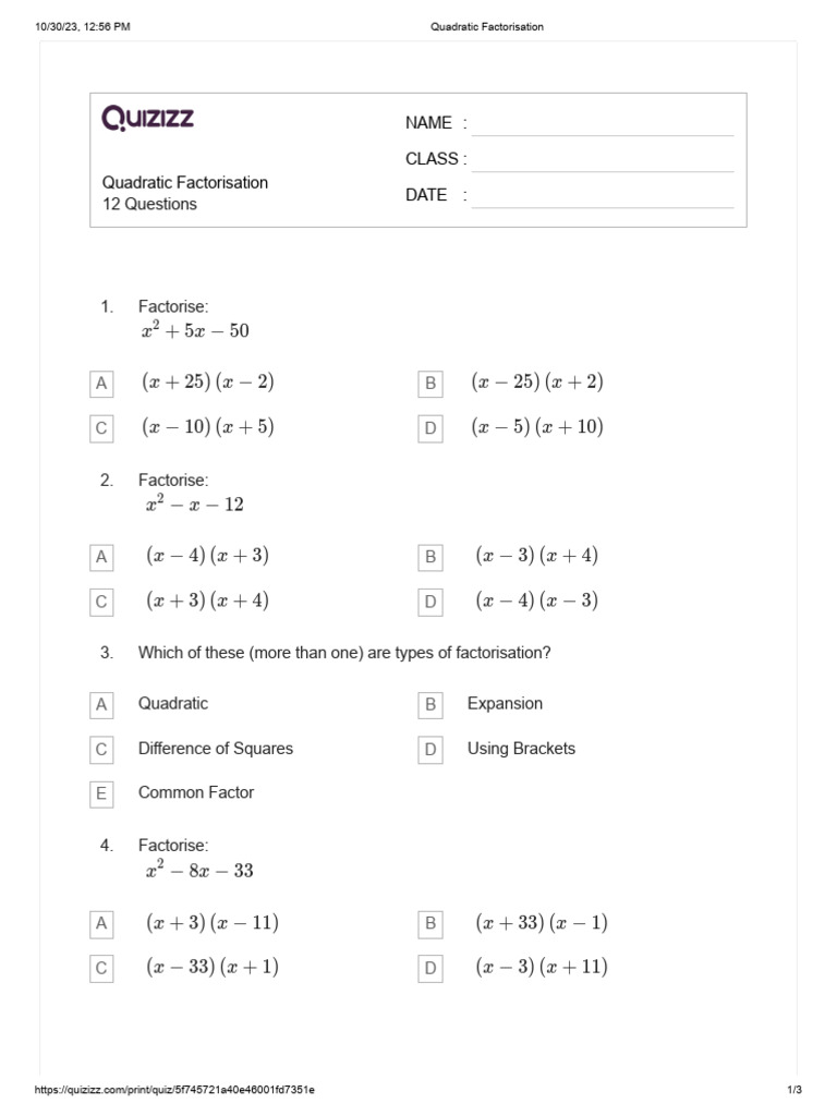 Quadratic Factorisation Pdf Factorization Arithmetic
