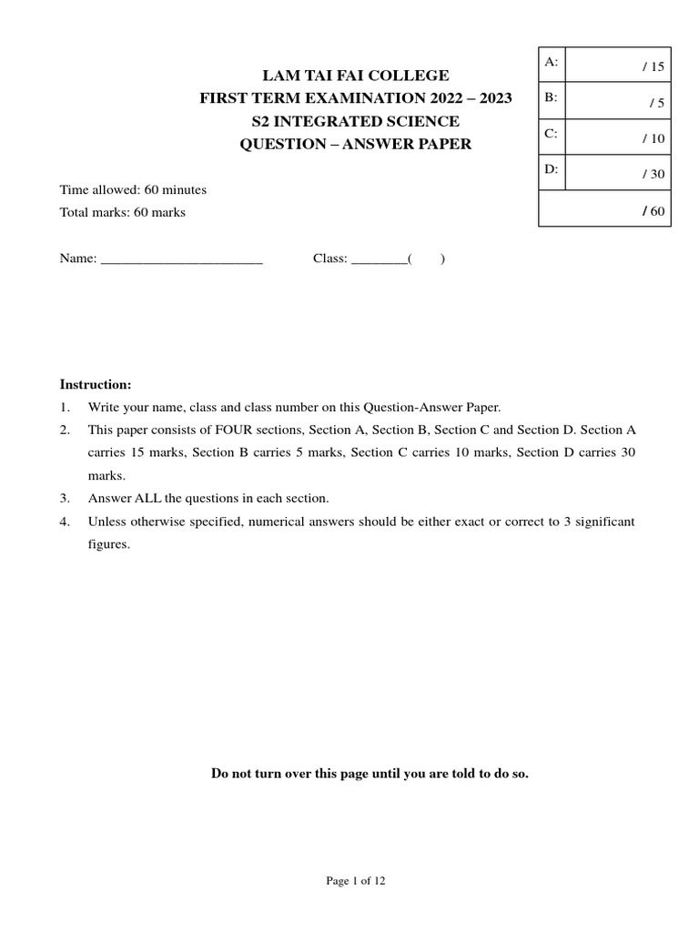 S2 Integrated Science Exam Paper 2022-2023 | PDF
