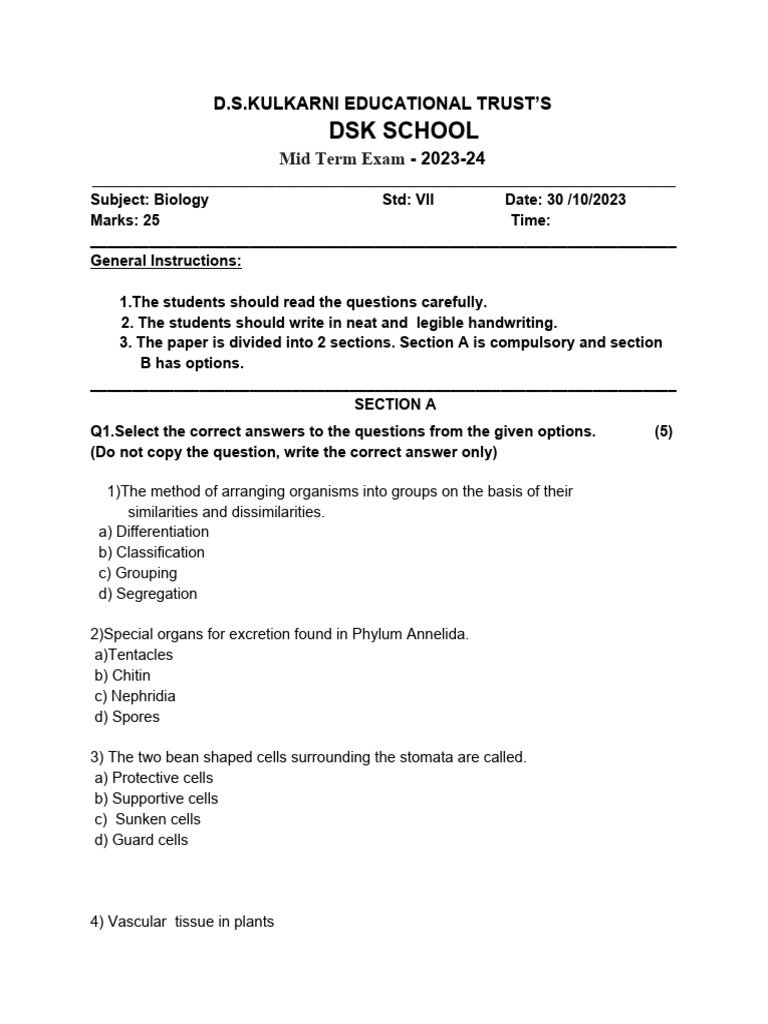 7th Grade Biology Mid Term Exam 2023-24 | PDF | Tissue (Biology) | Plants