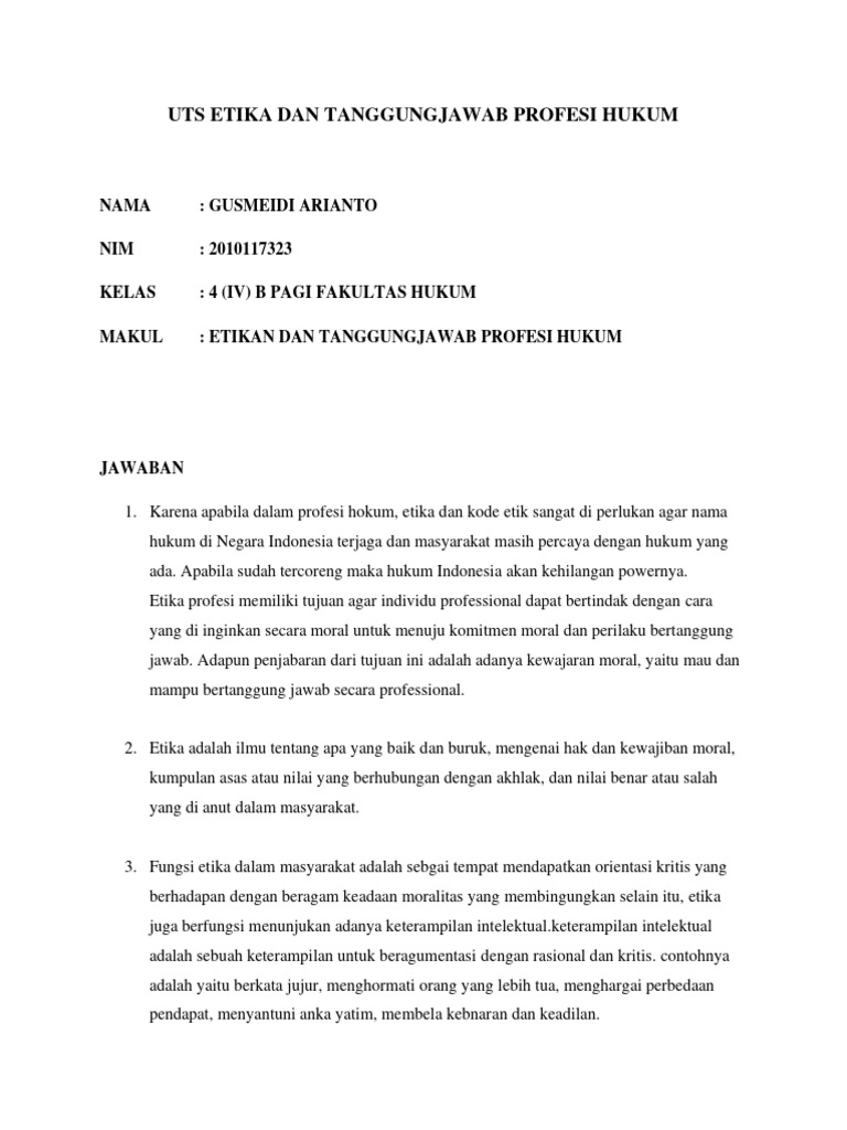 UTS Etika Dan Tanggungjawab Profesi Hukum | PDF