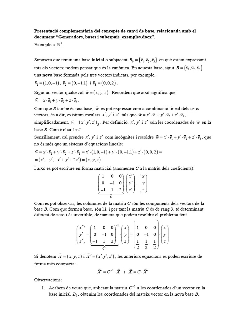 Presentació Complementària Del Concepte de Canvi de Base | PDF Presentació Complementària Del Concepte de Canvi de Base | PDF