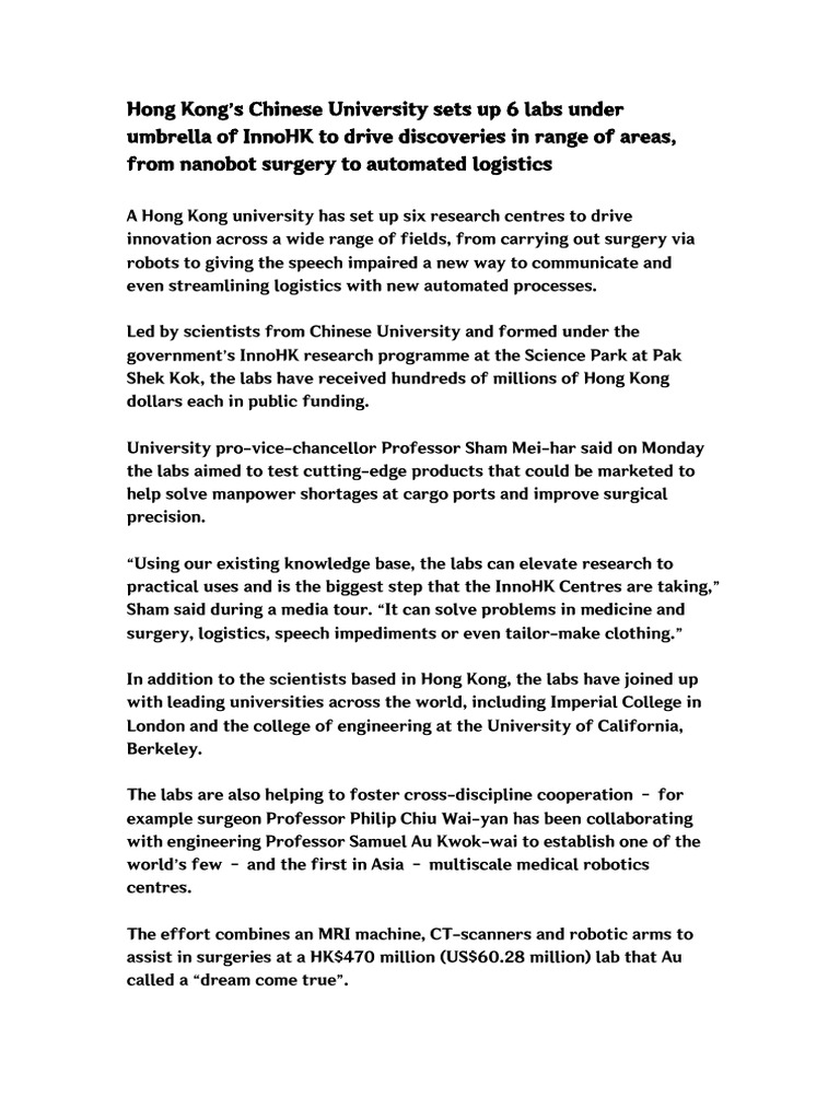 Hong Kong | PDF | Robot | Robotics