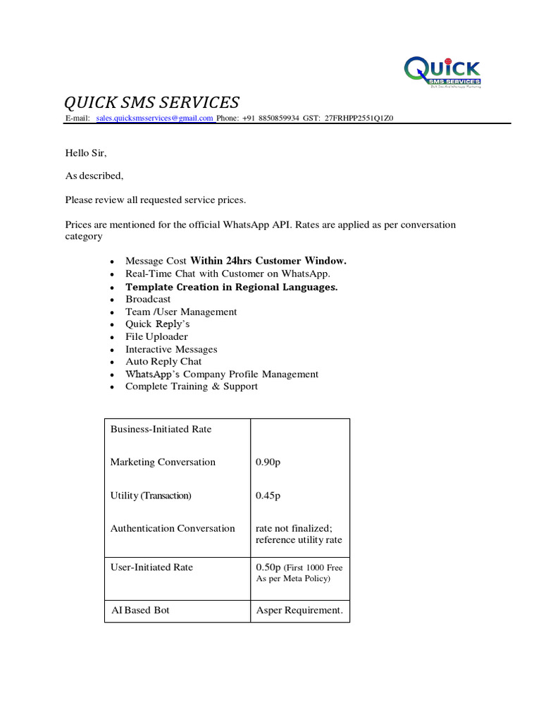 Quick SMS - Whatsapp Pricing | PDF | Facebook | Authentication