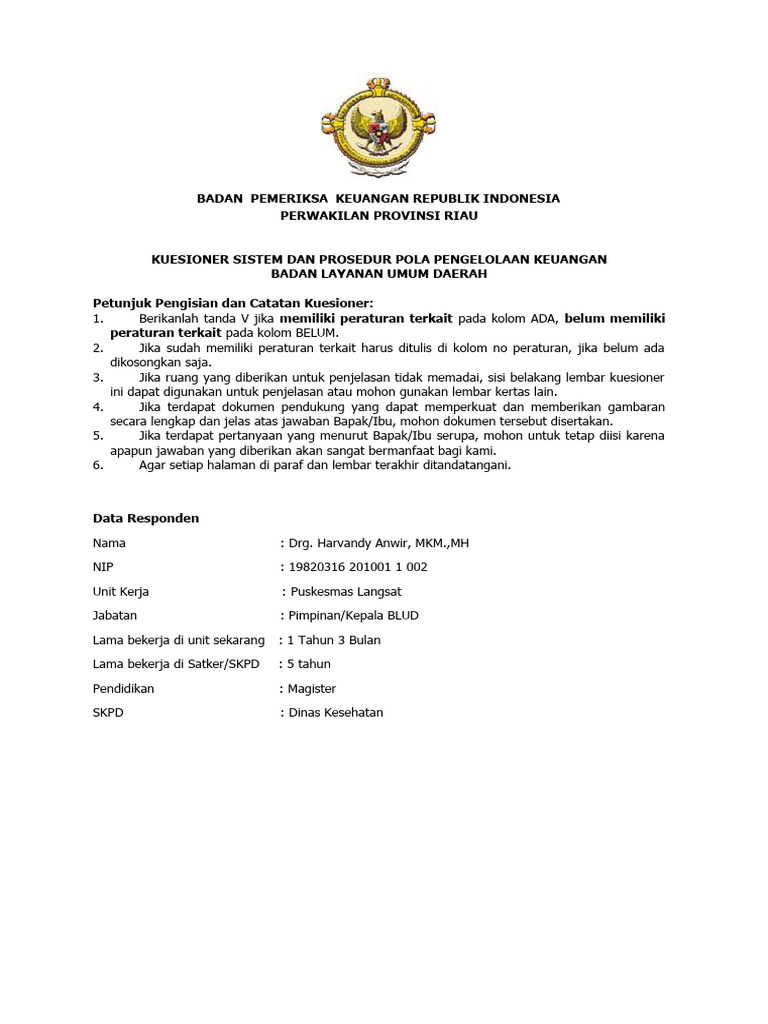 Form Kuesioner PPK BLUD | PDF