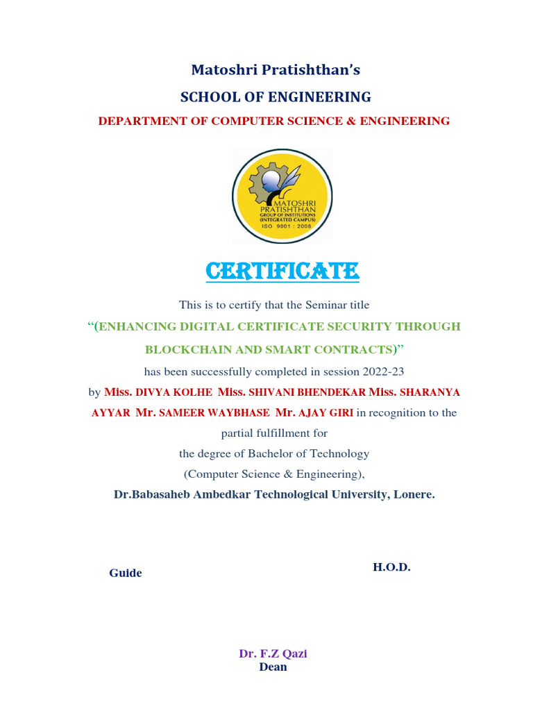 Certificate: Matoshri Pratishthan's School of Engineering | PDF