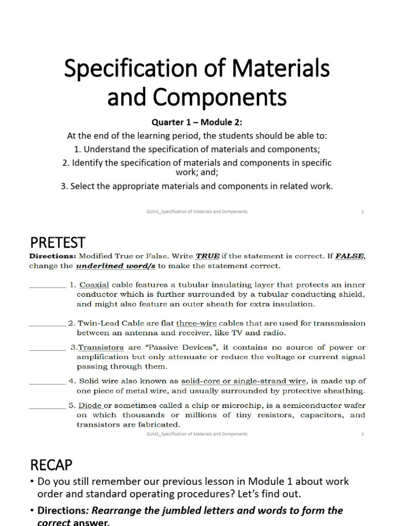 Q1M2 - Specification of Materials and Components | PDF
