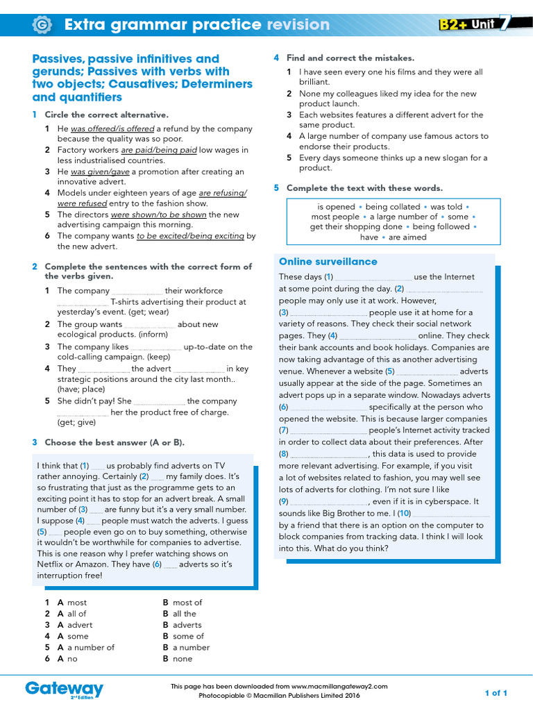 B2+ UNIT 7 Extra Grammar Practice Revision | PDF | Advertising | Online ...