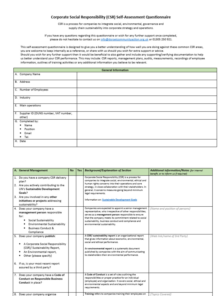 CSR Self-Assessment Questionnaire Guide | PDF | Corporate Social ...
