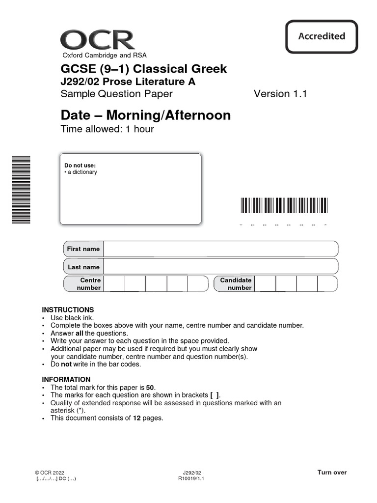 Unit j292 02 Classical Greek Prose Literature A Sample Assessment Material | PDF