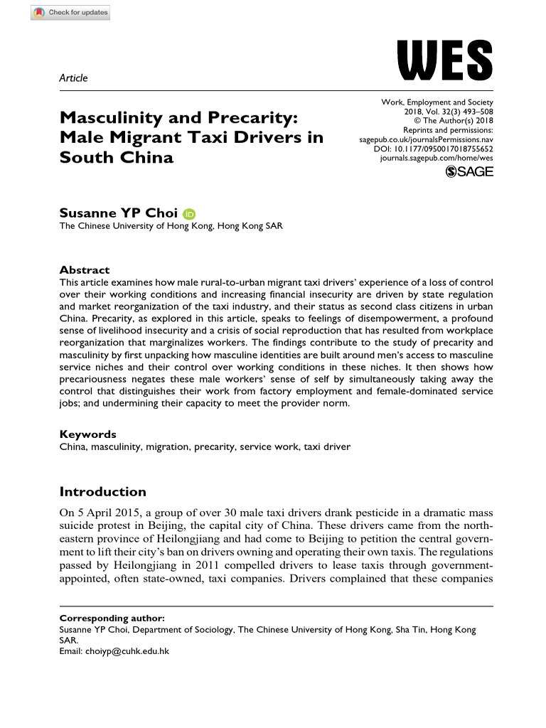 Masculinity and Precarity - Male Migrant Taxi Drivers in South China ...