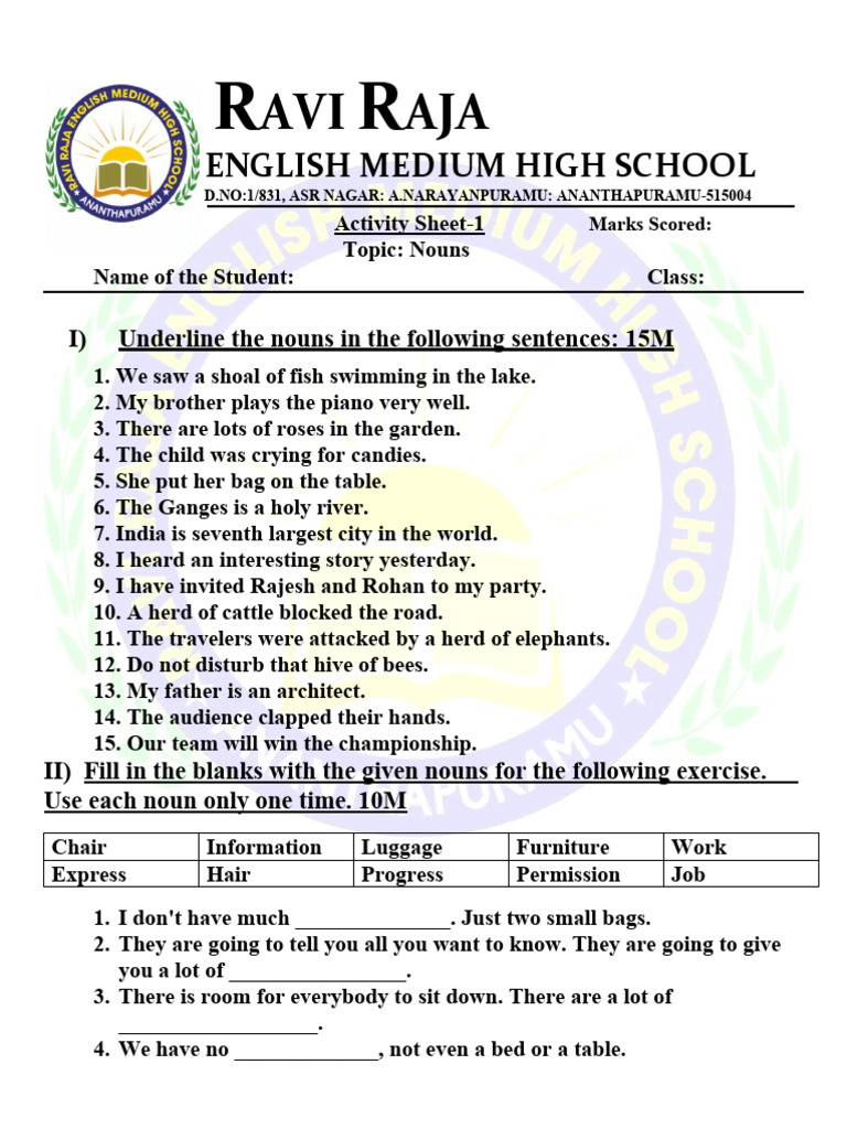 English Activity Sheet -1 (Nouns) | PDF