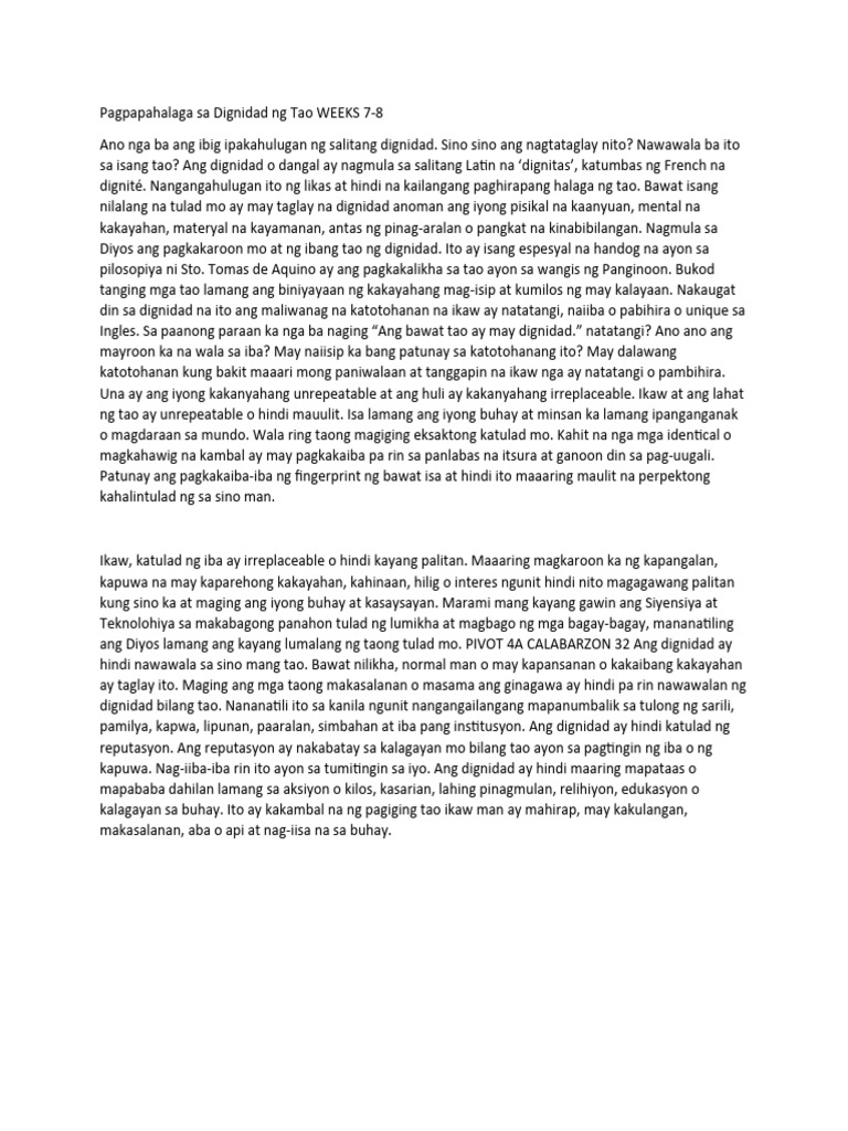 Pagpapahalaga Sa Dignidad NG Tao WEEKS 7 AND 8 | PDF