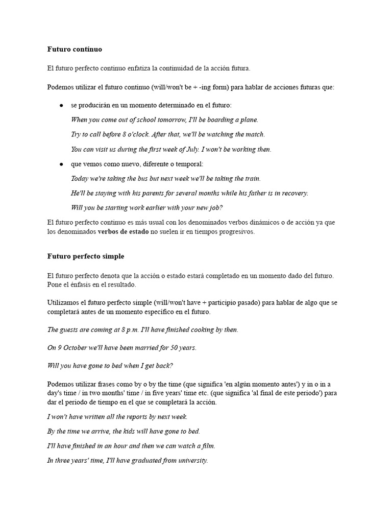 Futuro Continuo y Perfecto: Ejercicios | PDF