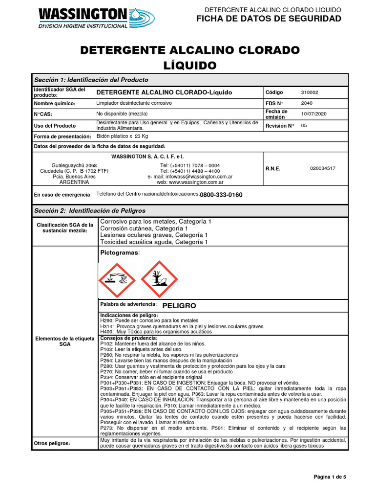 FDS DETERGENTE ALCALINO CLORADO LÍQUIDO Rev.05 | PDF | Agua ...