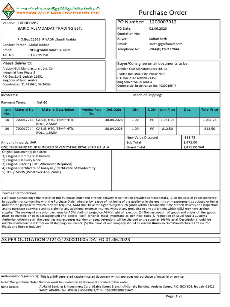 Purchase Order: PO Number: 1200007912 | PDF