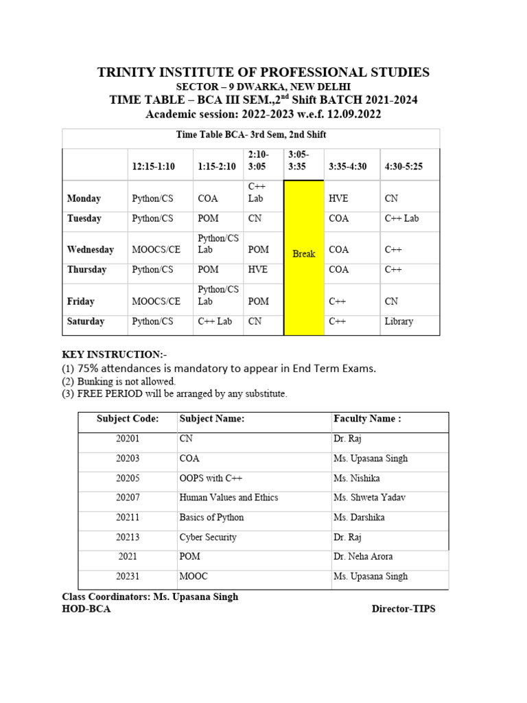 Bca 3rd Sem 2nd Shift Time Table | PDF